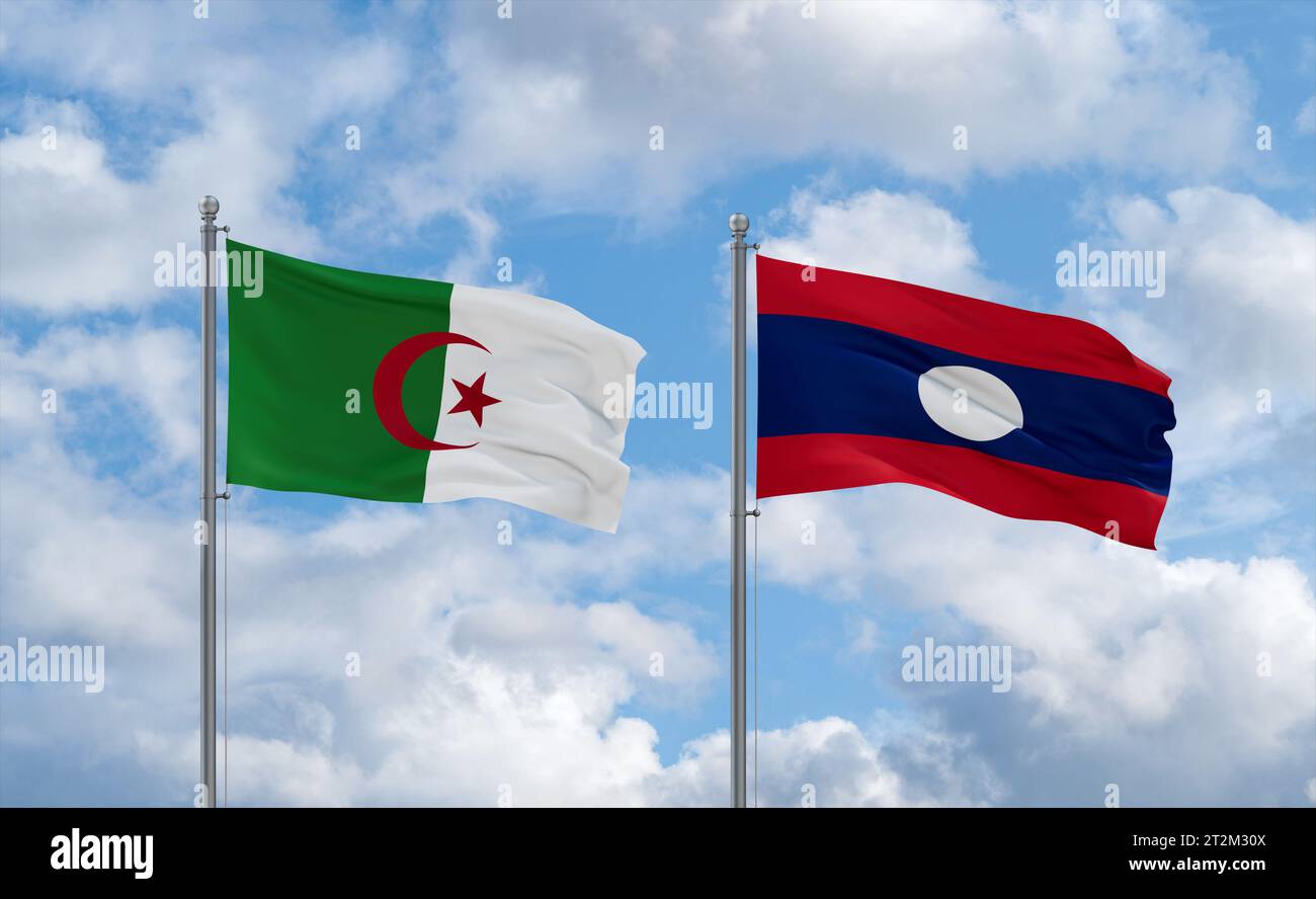 Laos and Algeria flags waving together on blue cloudy sky, two country relationship concept ...