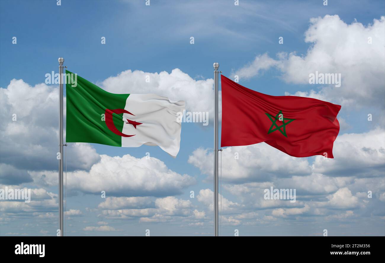 Morocco and Algeria flags waving together on blue cloudy sky, two ...