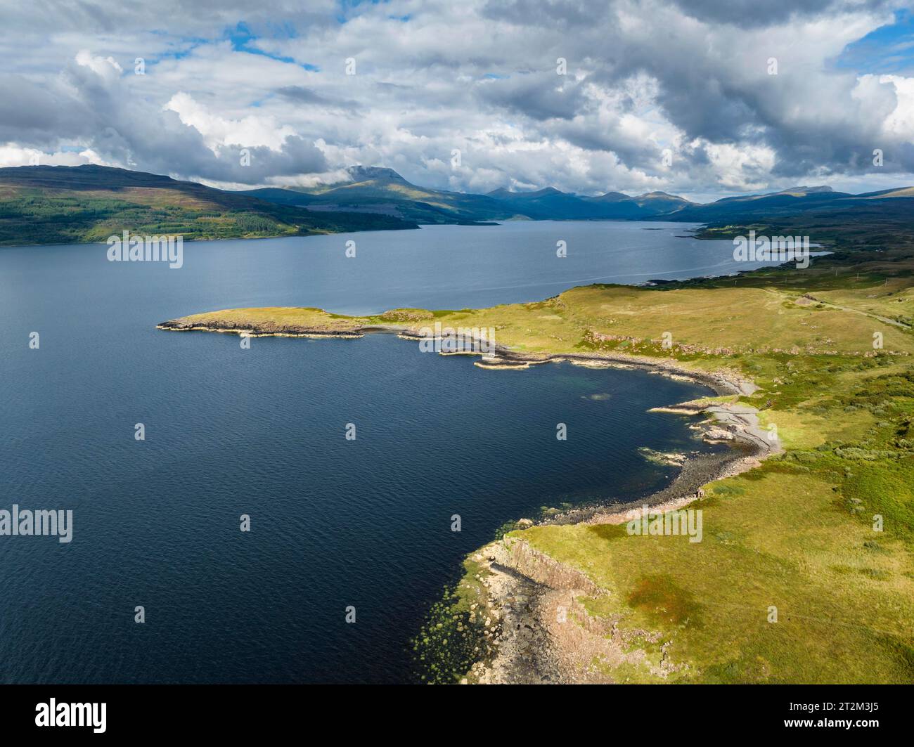 Aerial view of Loch Scridain sea loch on the Isle of Mull, Argyll and ...