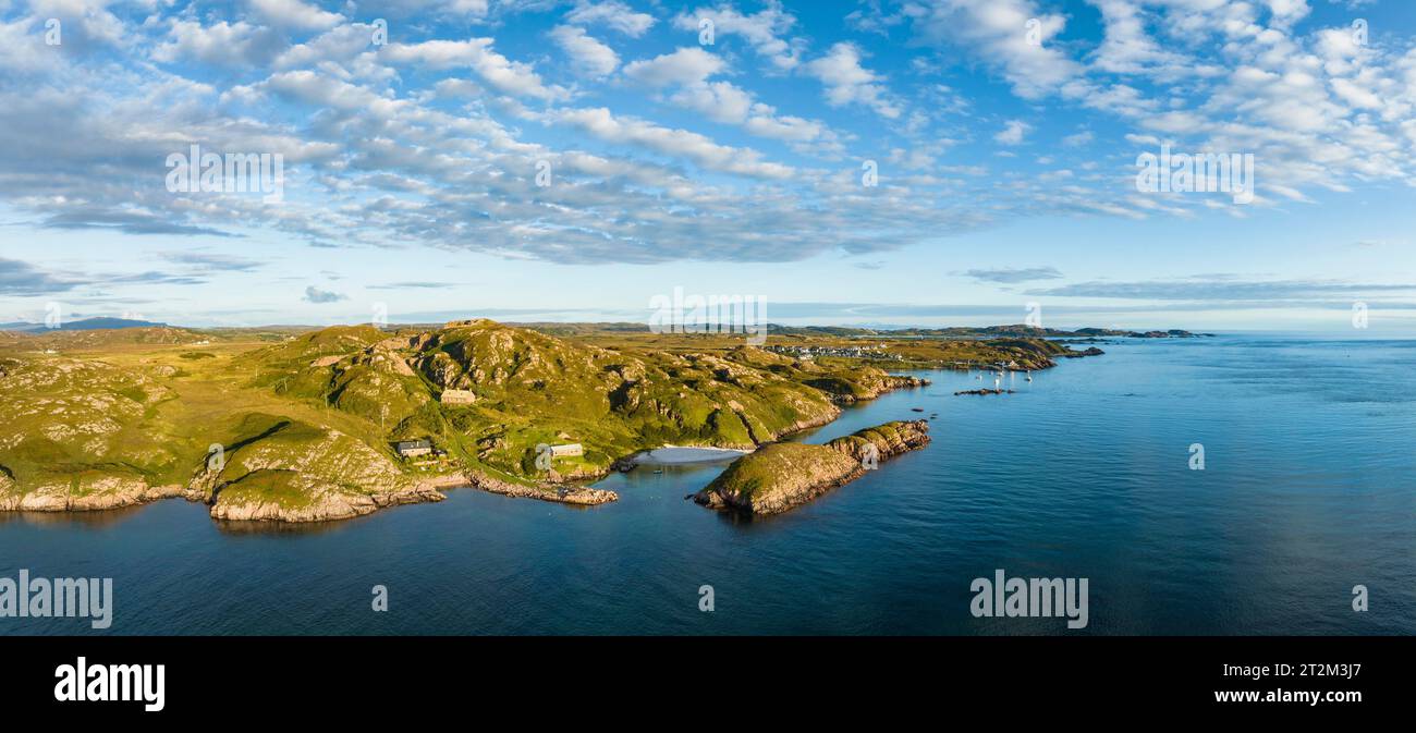 Aerial panorama of the coastline of the Ross of Mull peninsula and the ...