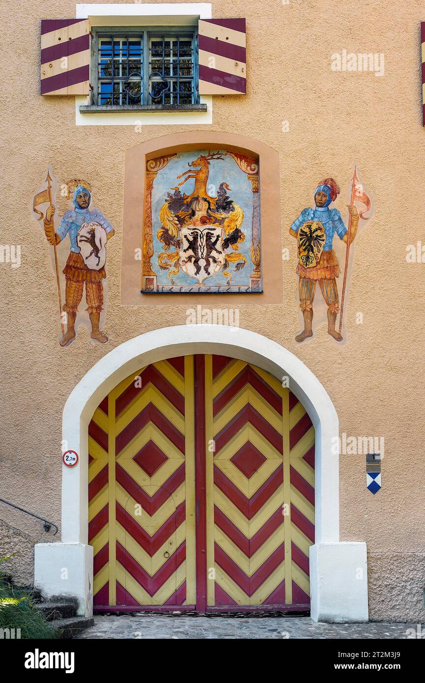 Entrance gate with frescoes, coat of arms and knights, Kronburg Castle ...