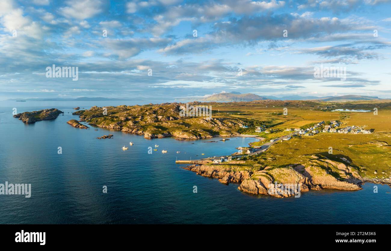 Aerial panorama of the coastline of the Ross of Mull peninsula with the ...