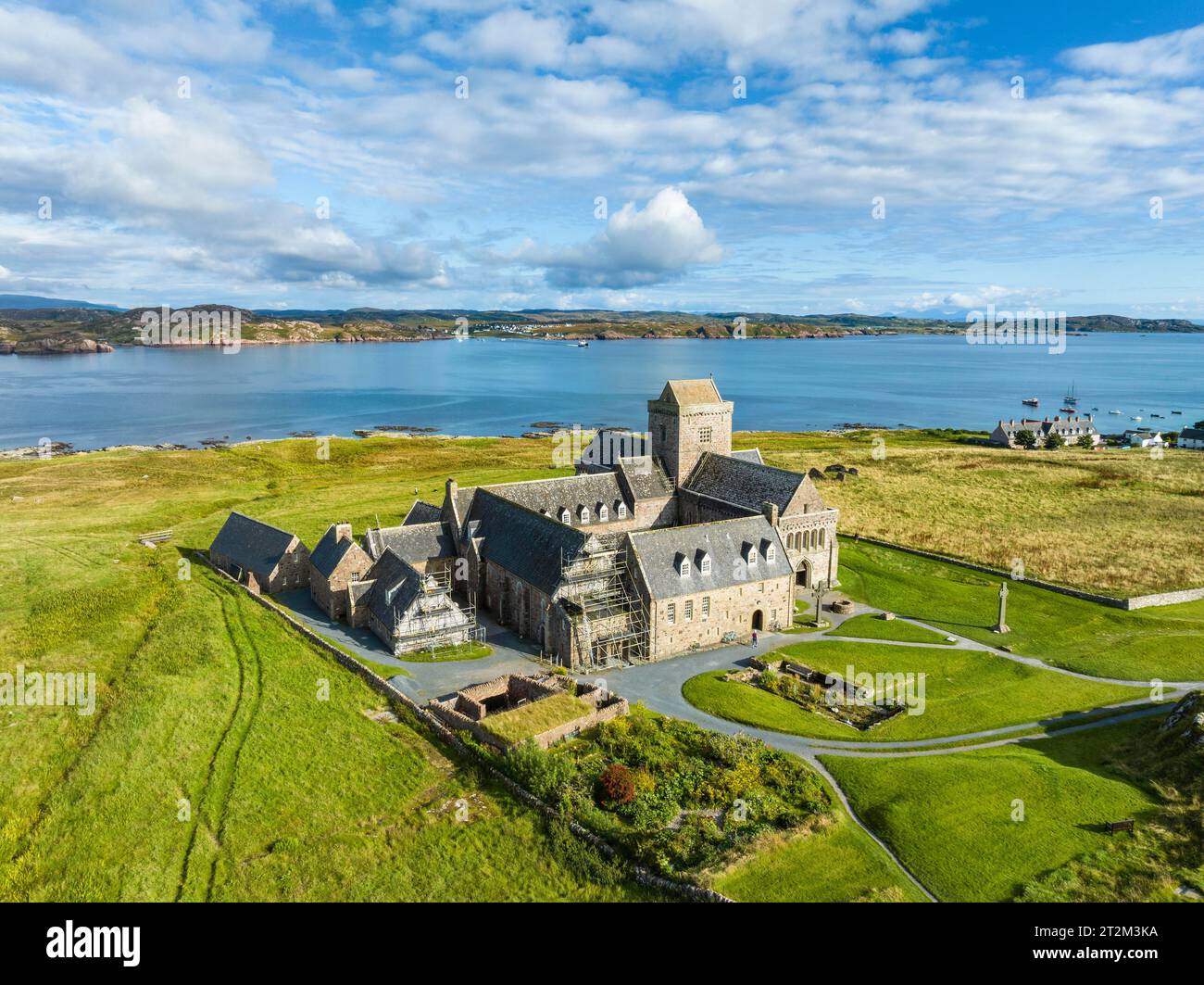 Aerial view of the Christian Iona Abbey, pilgrimage destination, Iona ...