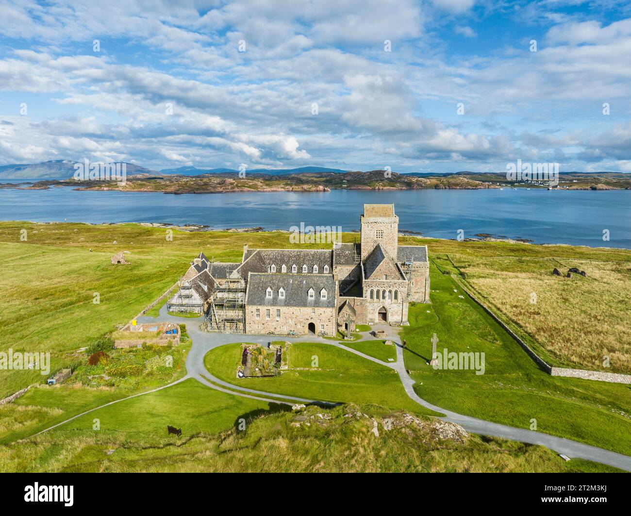 Aerial view of the Christian Iona Abbey, pilgrimage destination, Iona ...