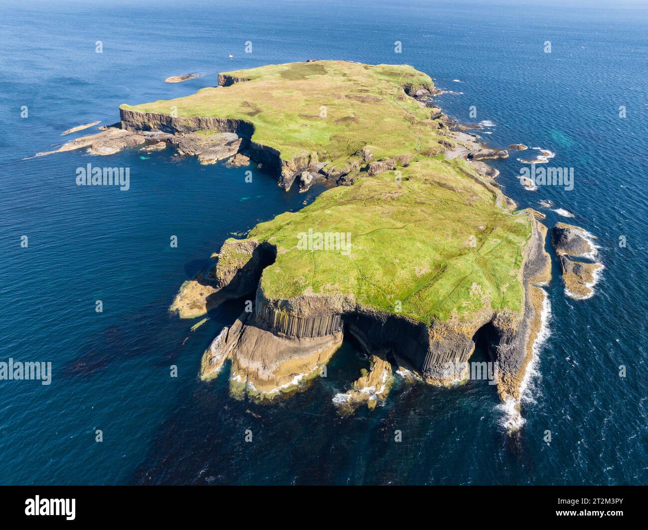 Aerial view of the uninhabited rocky island of Staffa with the ...