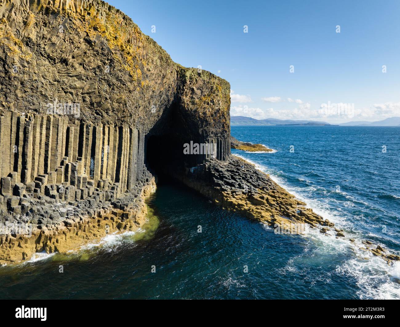 Aerial view of the uninhabited rocky island of Staffa with the ...