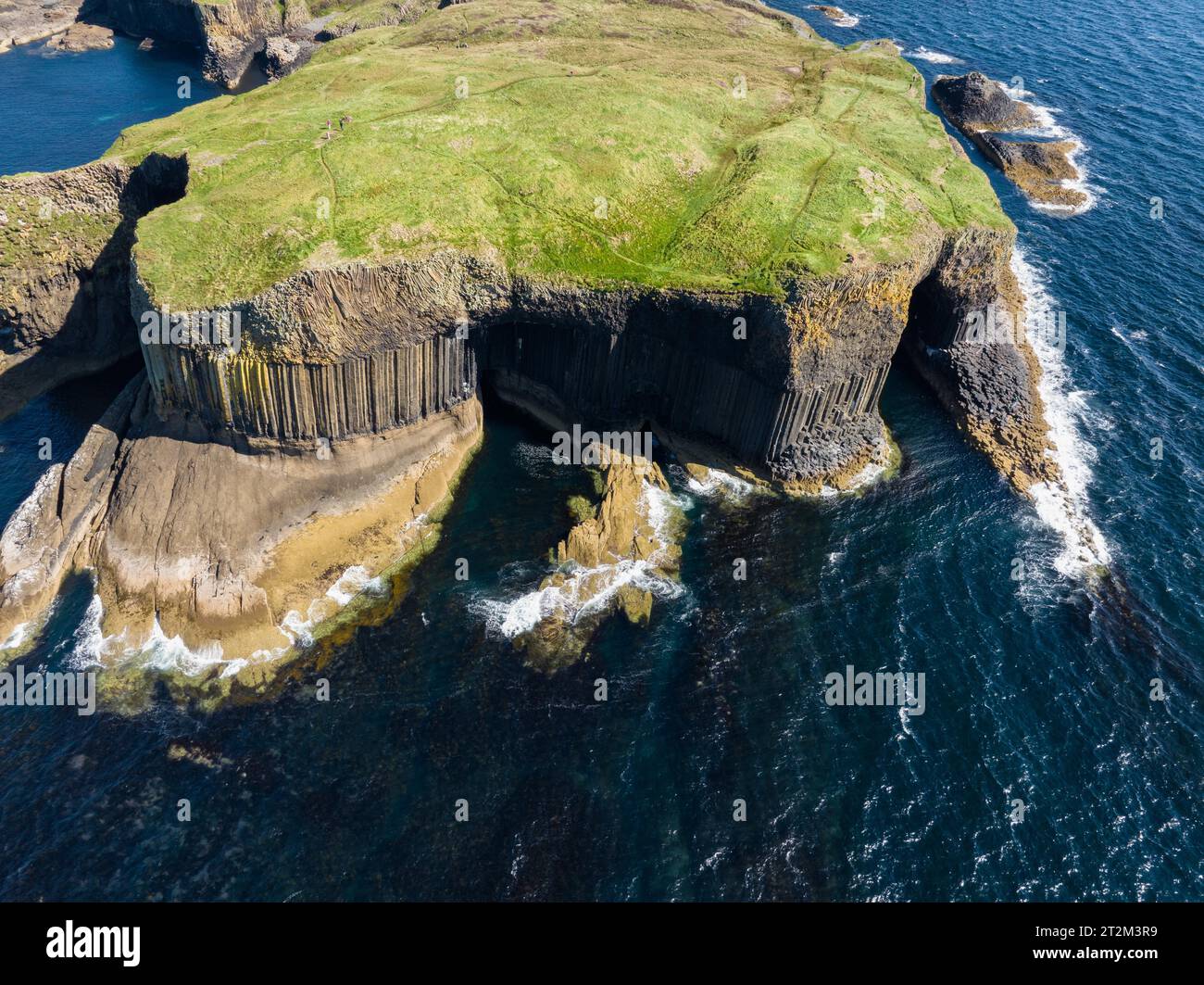 Aerial view of the uninhabited rocky island of Staffa with the ...