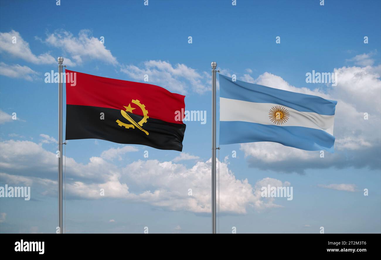 Argentina and Angola flags waving together on blue cloudy sky, two country relationship concept ...