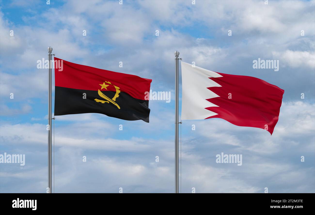 Bahrain and Angola flags waving together on blue cloudy sky, two country relationship concept ...