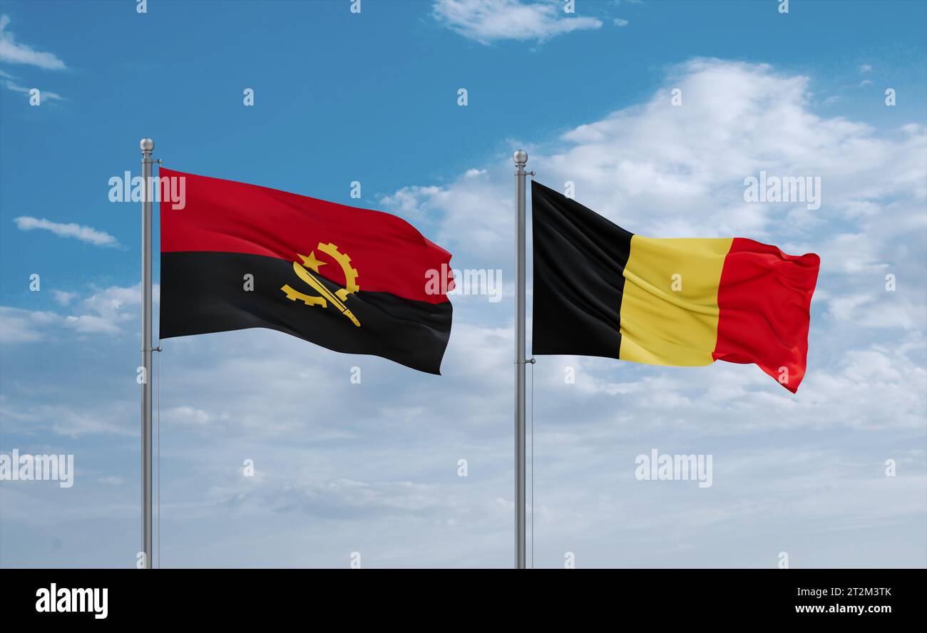 Belgium and Angola flags waving together on blue cloudy sky, two country relationship concept ...