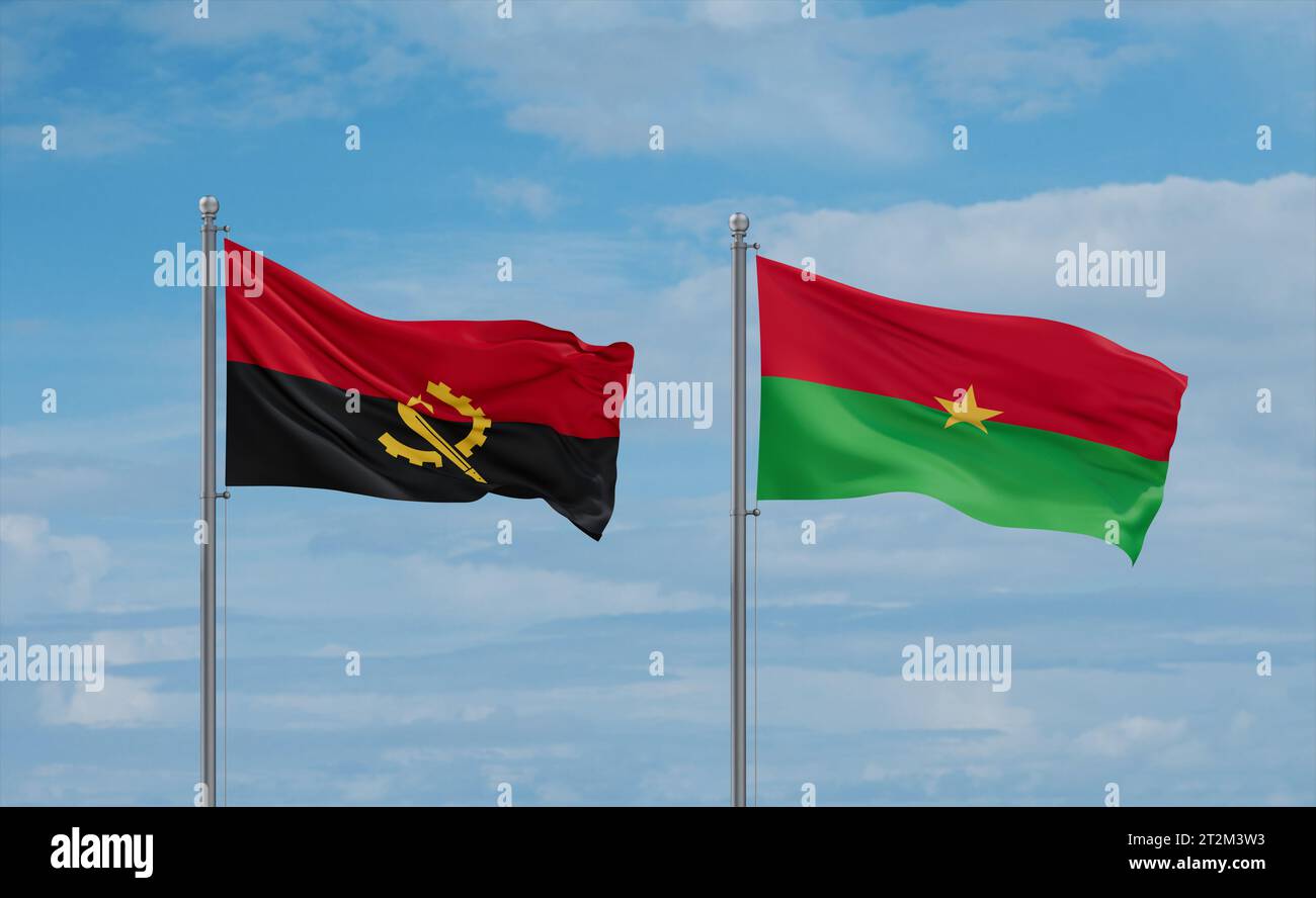 Burkina Faso and Angola flags waving together on blue cloudy sky, two country relationship ...
