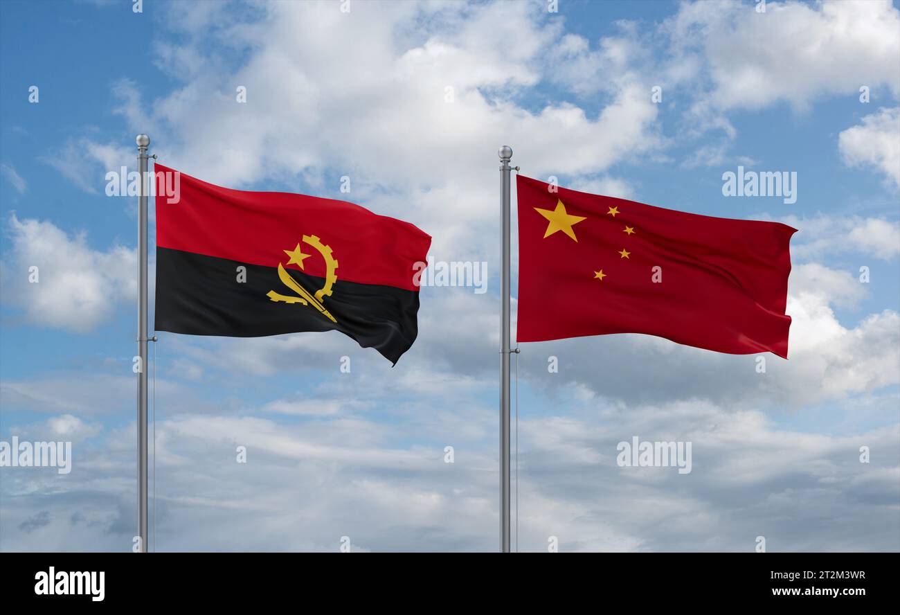 China and Angola flags waving together on blue cloudy sky, two country relationship concept ...