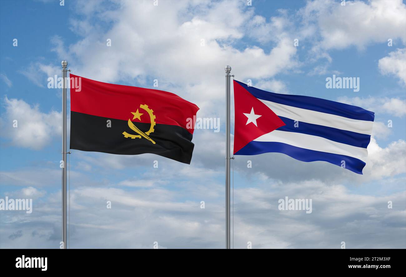Cuba and Angola flags waving together in the wind on blue cloudy sky ...