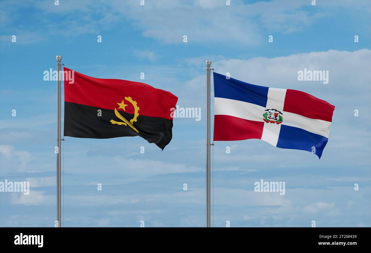 Dominican Republic and Angola flags waving together on blue cloudy sky, two country relationship ...
