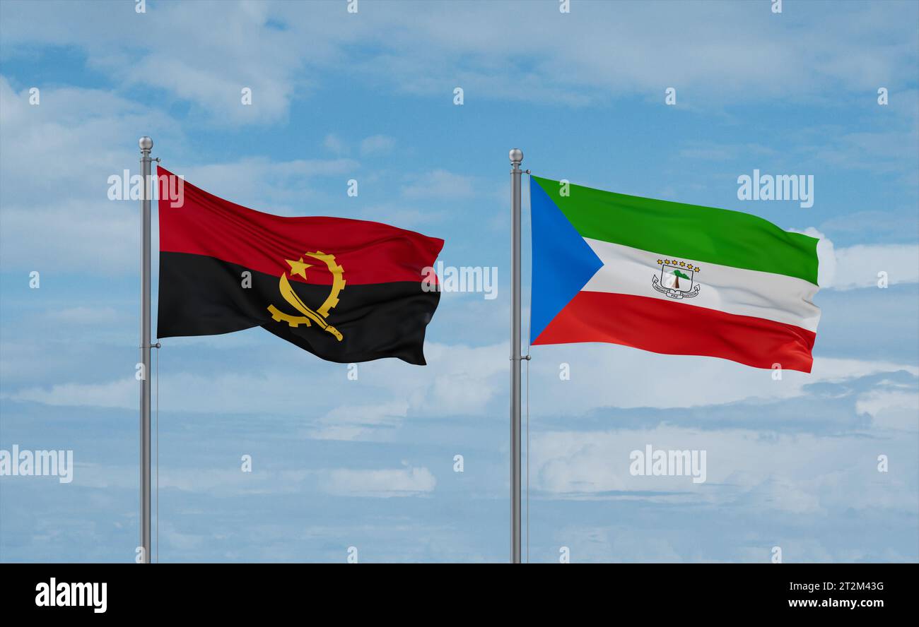 Equatorial Guinea and Angola flags waving together on blue cloudy sky, two country relationship ...