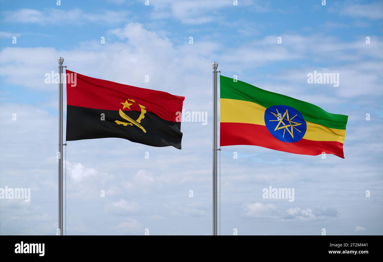 Ethiopia and Angola flags waving together on blue cloudy sky, two country relationship concept ...