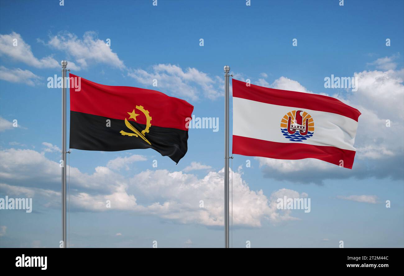 Angola and French Polynesia flags waving together on blue cloudy sky ...