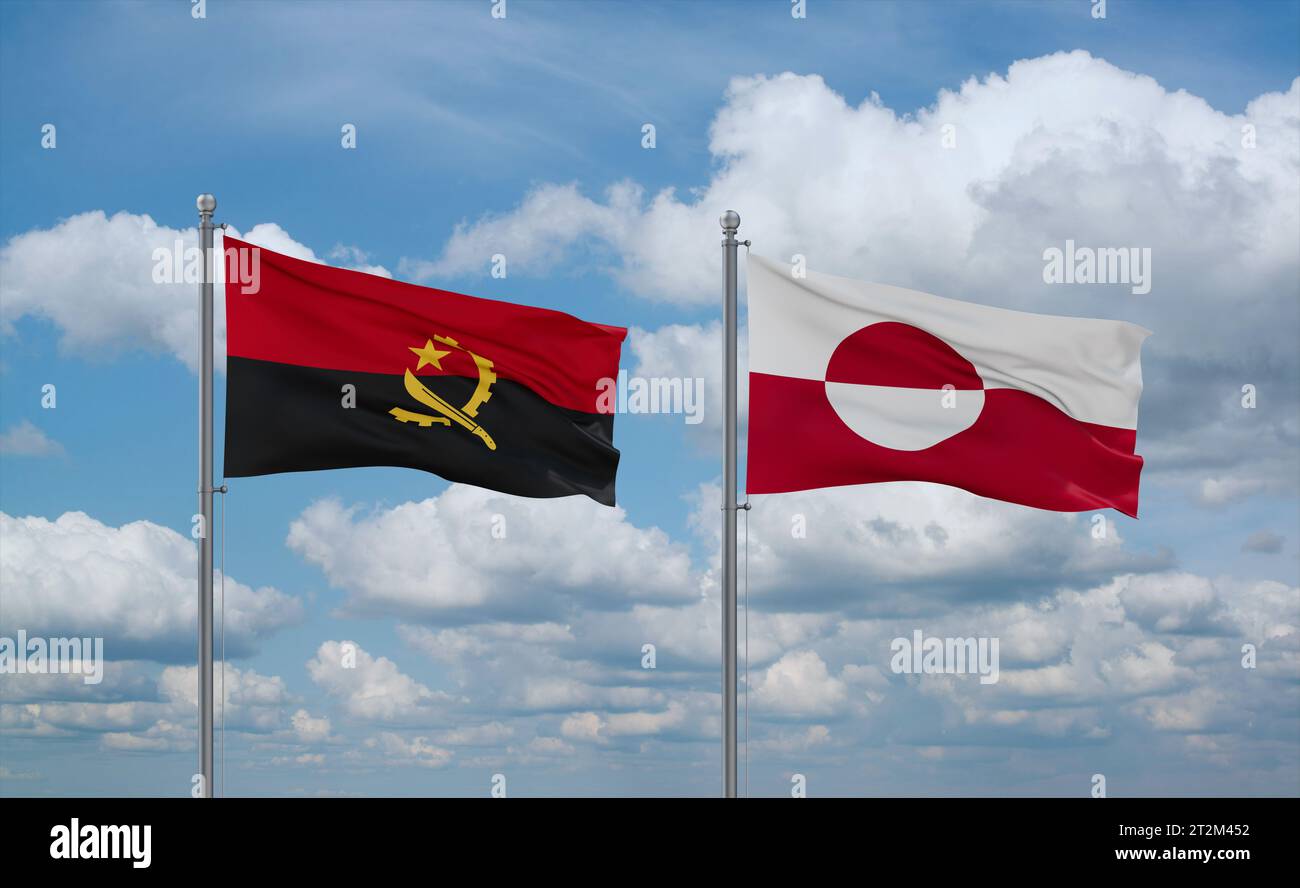 Greenland and Angola flags waving together on blue cloudy sky, two country relationship concept ...