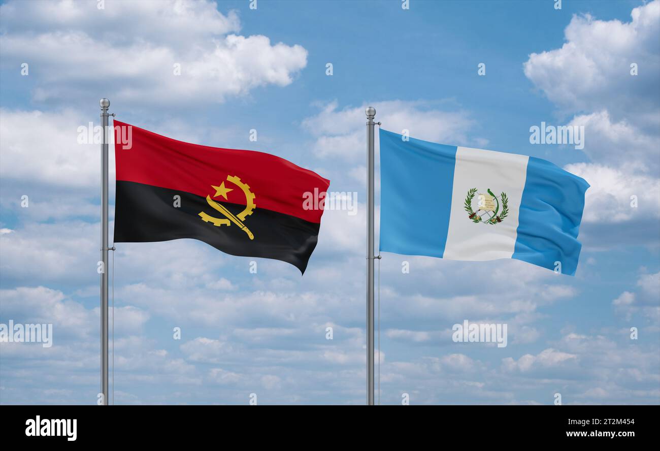 Guatemala and Angola flags waving together on blue cloudy sky, two country relationship concept ...