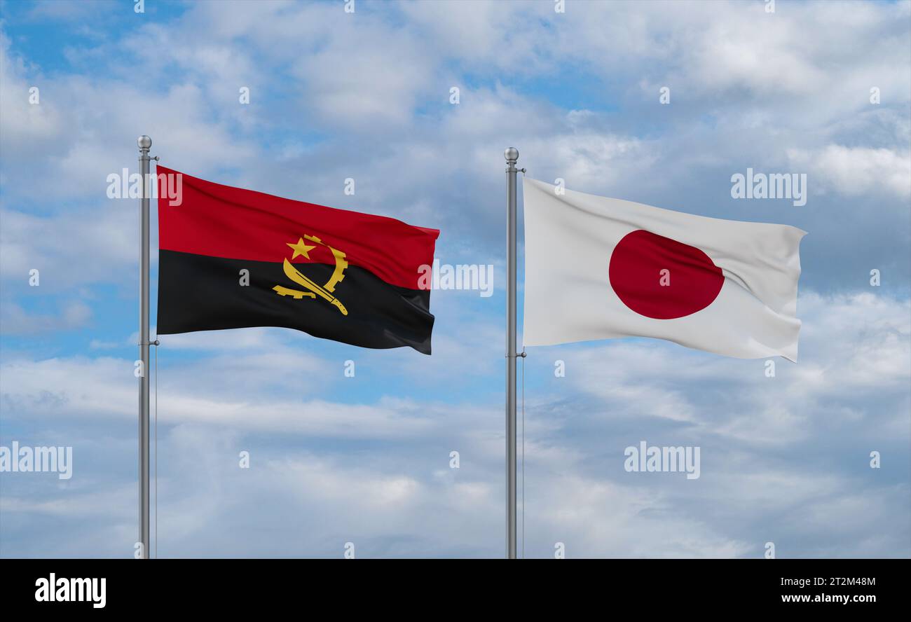 Japan and Angola flags waving together on blue cloudy sky, two country relationship concept ...