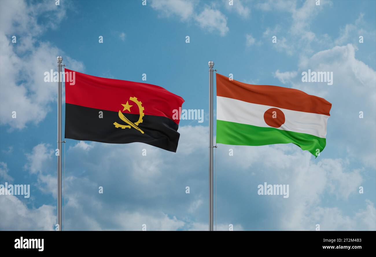 Niger and Angola flags waving together on blue cloudy sky, two country relationship concept ...