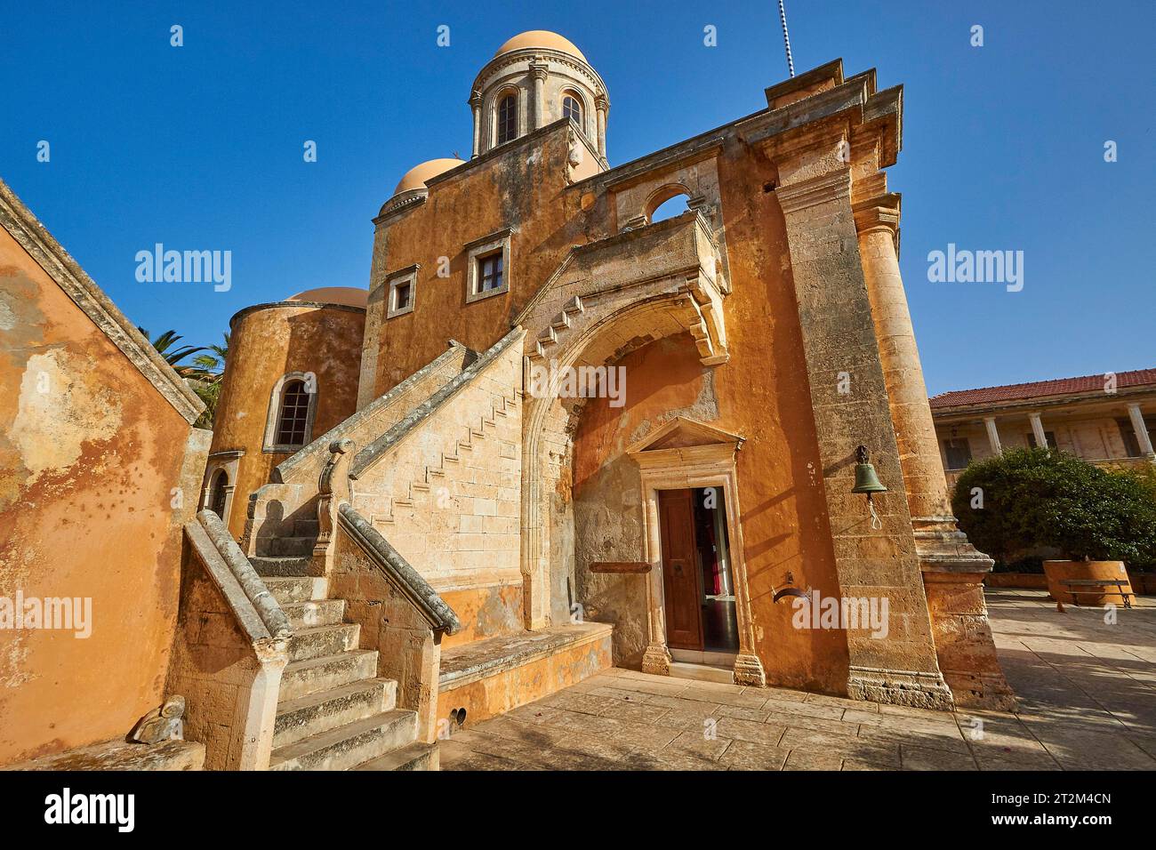 Agia Triada, Orthodox monastery, super wide angle, church, stairs, blue ...