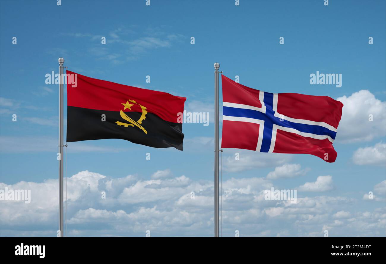 Norway and Angola flags waving together on blue cloudy sky, two country relationship concept ...