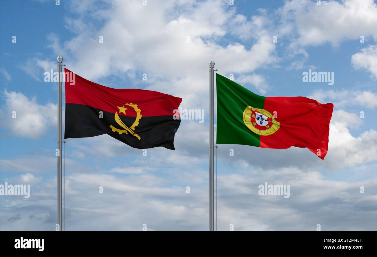 Portugal and Angola flags waving together in the wind on blue cloudy sky, two country ...