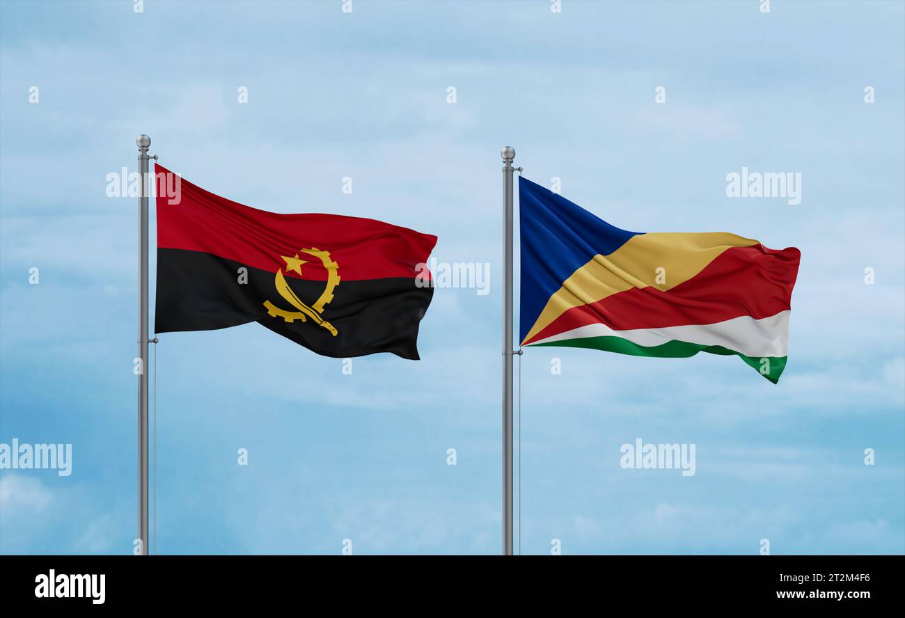 Seychelles and Angola flags waving together in the wind on blue cloudy sky, two country ...