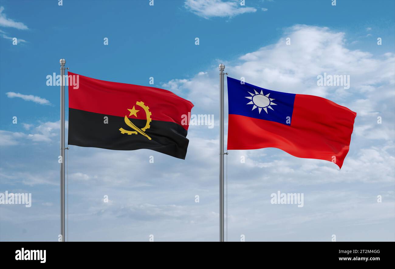 Taiwan and Angola flags waving together in the wind on blue cloudy sky, two country relationship ...