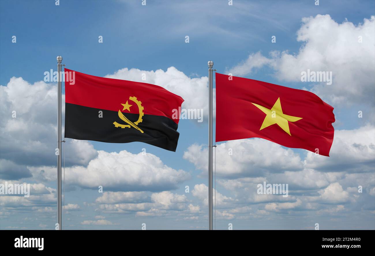 Vietnam and Angola flags waving together in the wind on blue cloudy sky Stock Photo - Alamy