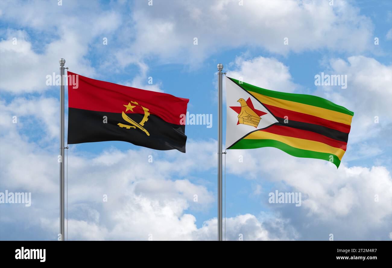 Zimbabwe and Angola flags waving together in the wind on blue cloudy ...