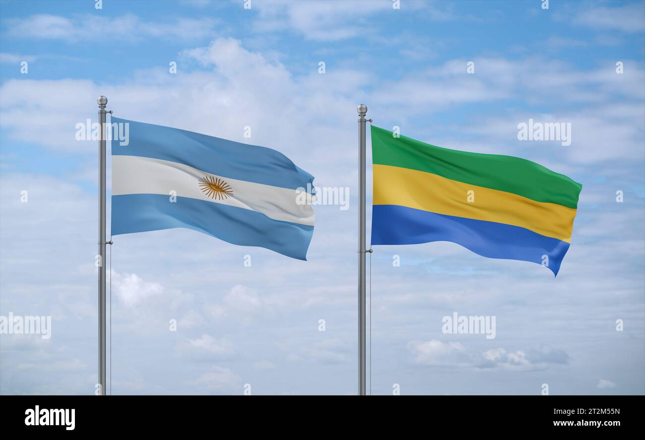 Gabon and Argentina flags waving together on blue cloudy sky, two country relationship concept ...