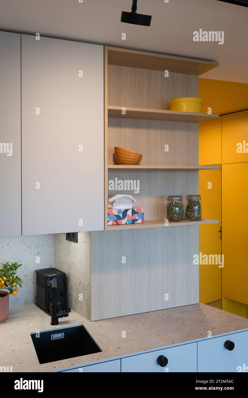 Custom kitchen cabinet with hidden circuit breaker box in small urban ...