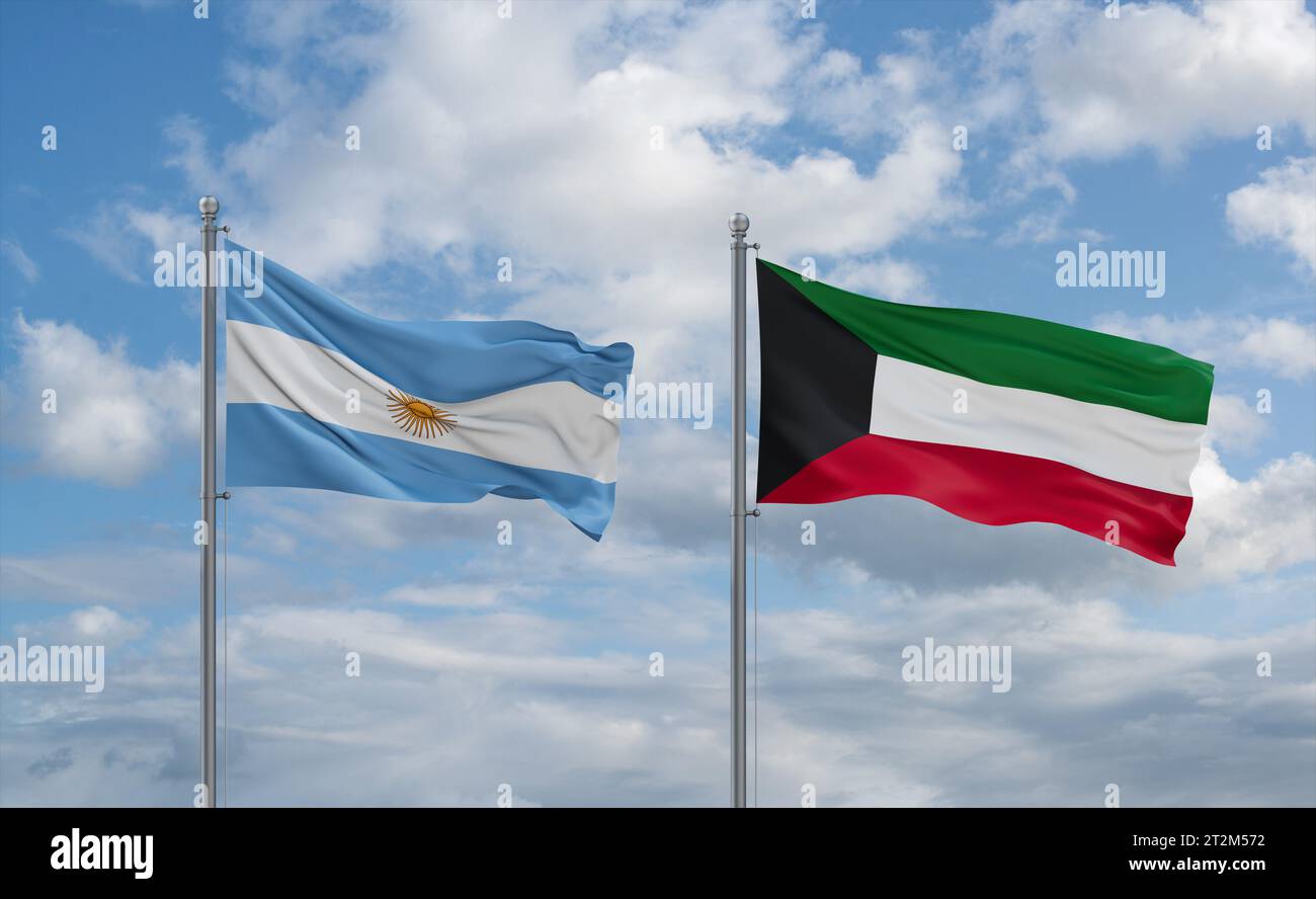 Kuwait and Argentina flags waving together in the wind on blue cloudy sky, two country ...