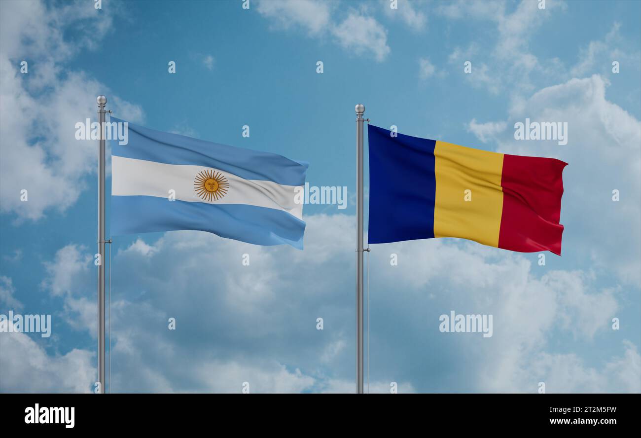 Romania and Argentina flags waving together in the wind on blue cloudy sky, two country ...