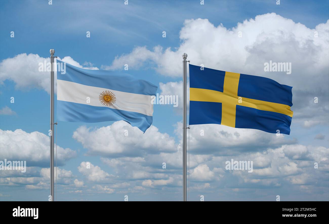 Sweden and Argentina flags waving together in the wind on blue cloudy sky, two country ...