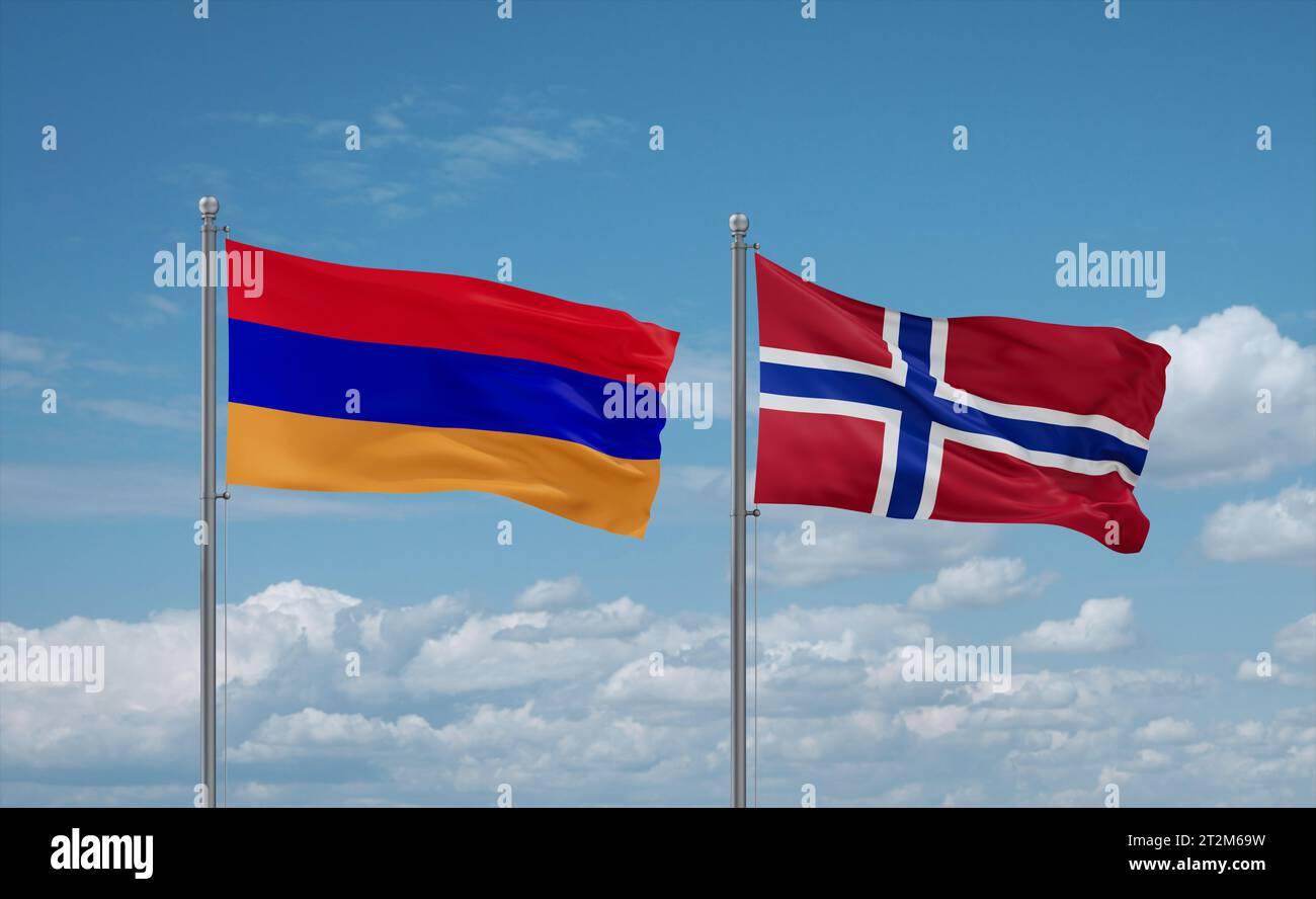 Norway and Armenia flags waving together on blue cloudy sky, two country relationship concept ...