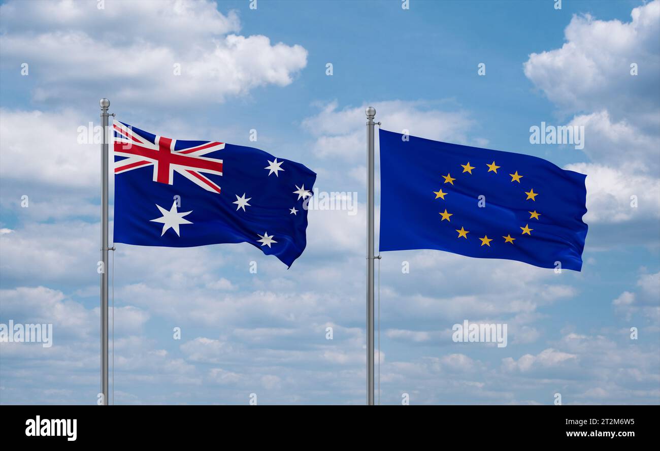 European Union and Australia flags waving together in the wind on blue ...