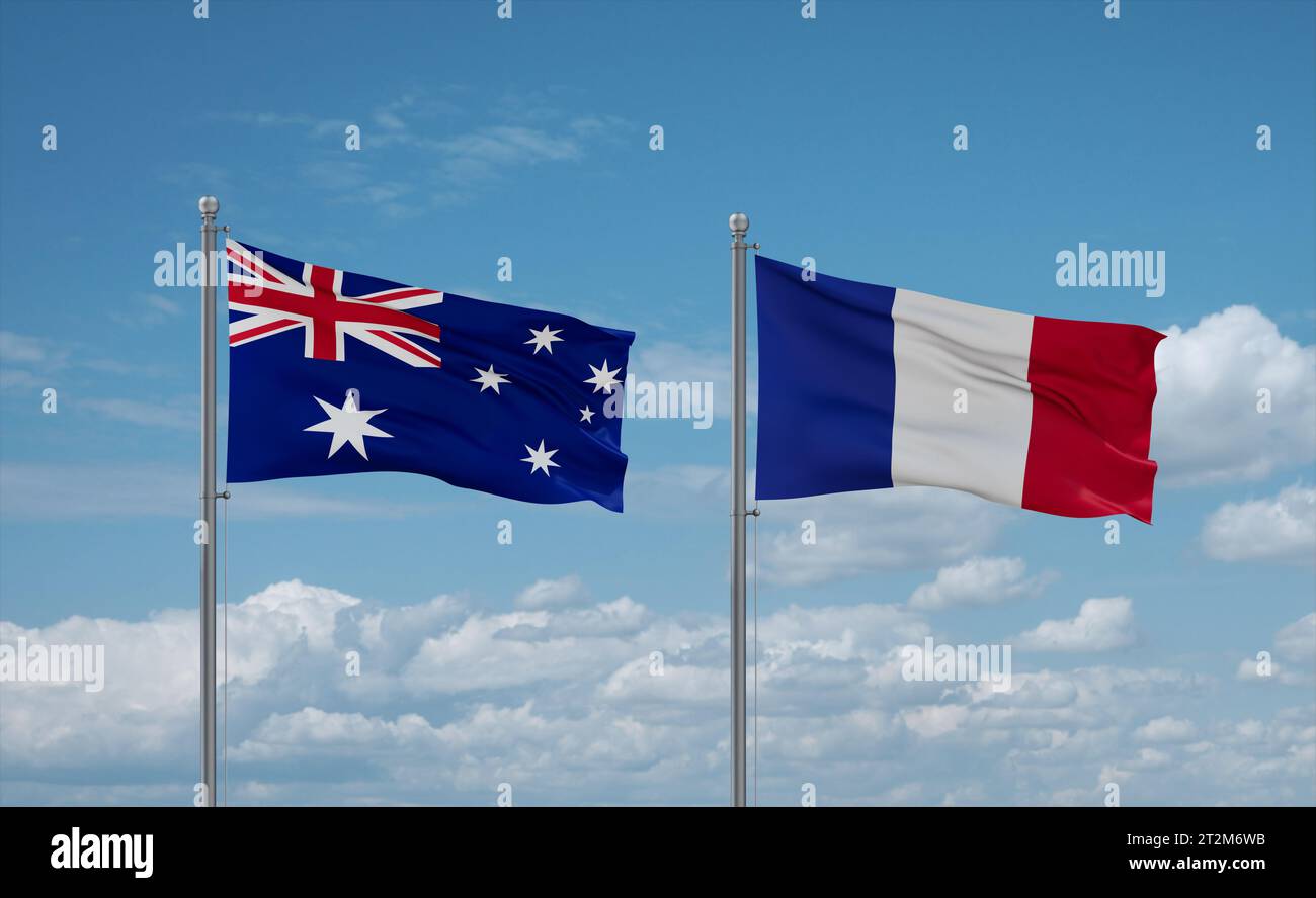 Australia and France flags waving together on blue cloudy sky, two ...