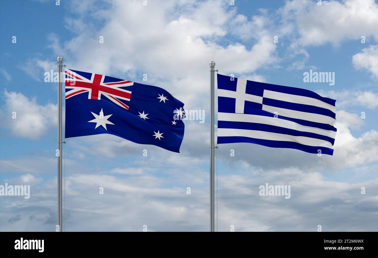 Greece and Australia flags waving together on blue cloudy sky, two ...