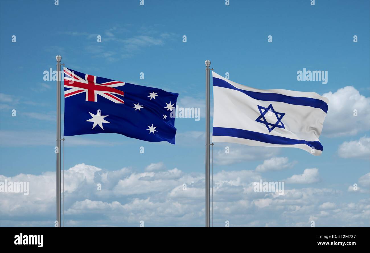 Israel and Australia flags waving together on blue cloudy sky, two ...