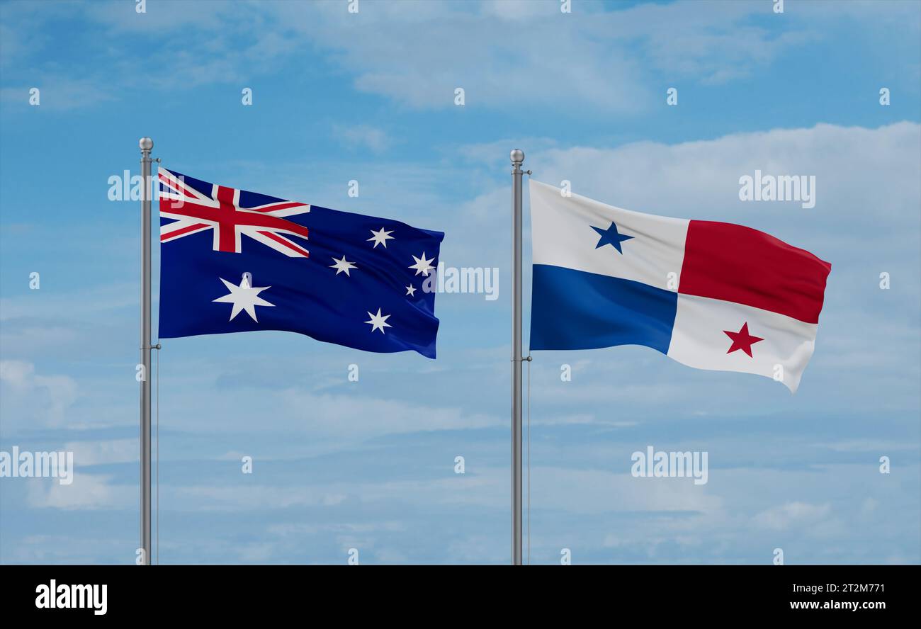 Panama and Australia flags waving together on blue cloudy sky, two ...