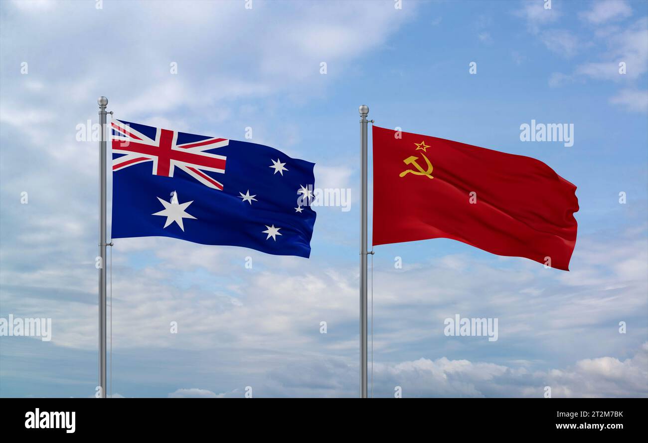Soviet Union or USSR and Australia flags waving together in the wind on ...