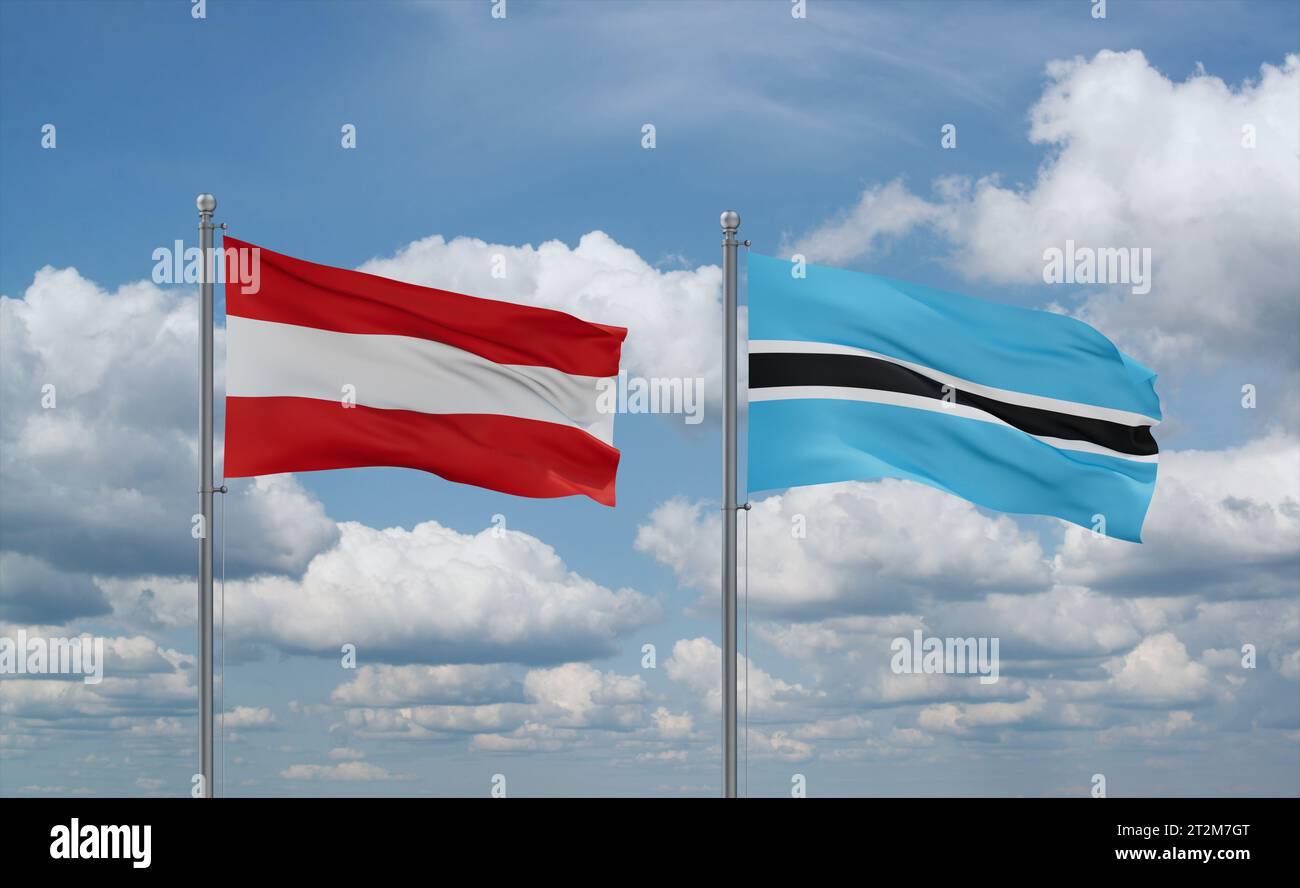 Botswana and Austria flags waving together on blue cloudy sky, two ...