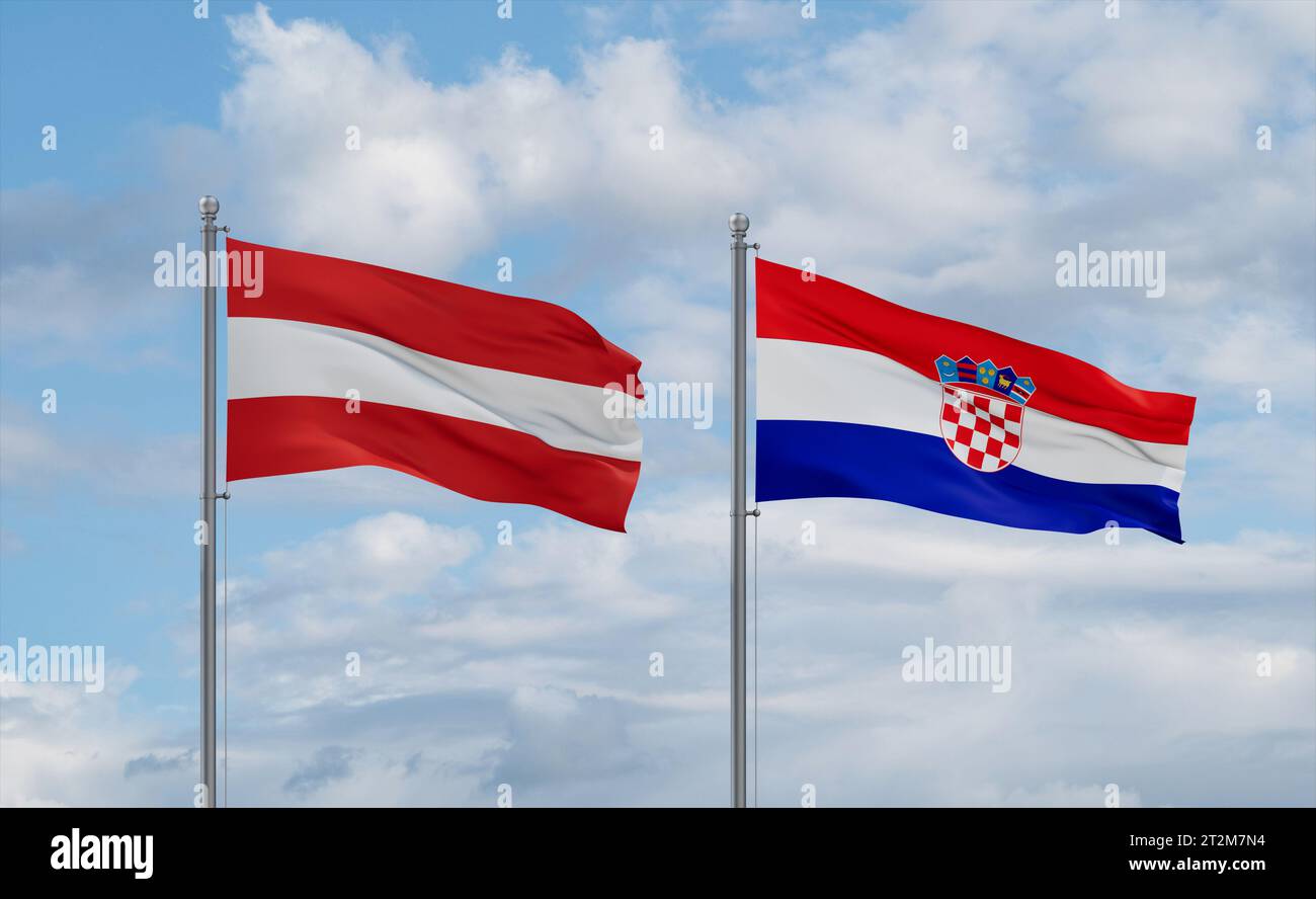 Croatia and Austria flags waving together in the wind on blue cloudy ...