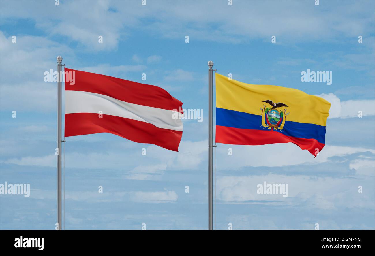 Ecuador and Austria flags waving together on blue cloudy sky, two ...
