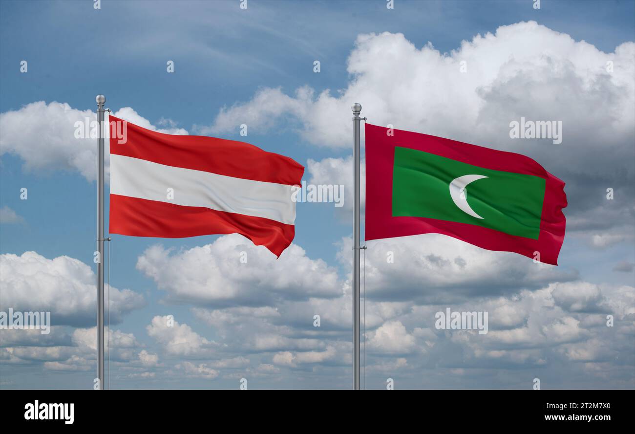 Maldives and Austria flags waving together on blue cloudy sky, two ...