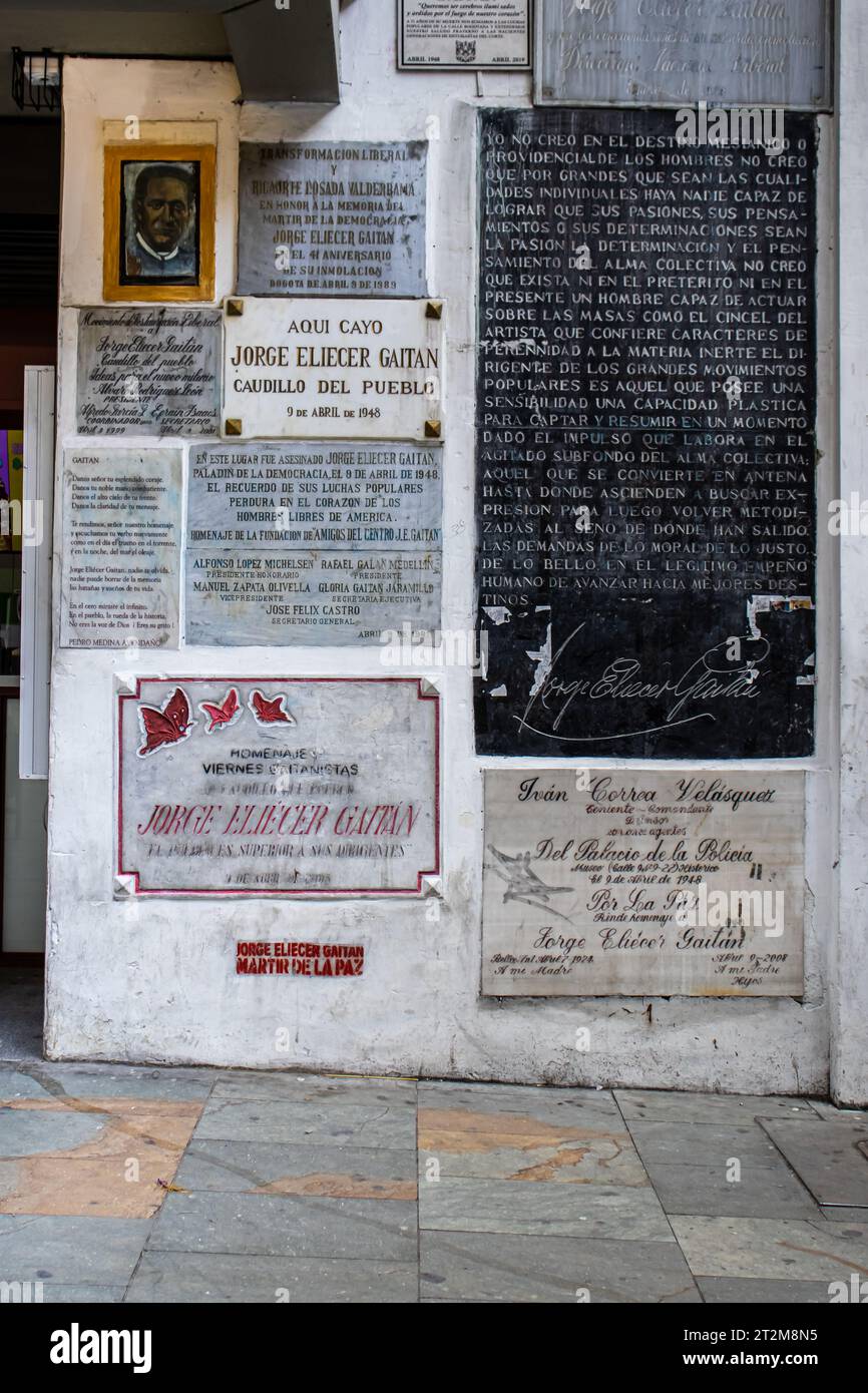 Bogota, Colombia - 19 October 2023. Commemorative plaques in honor of ...