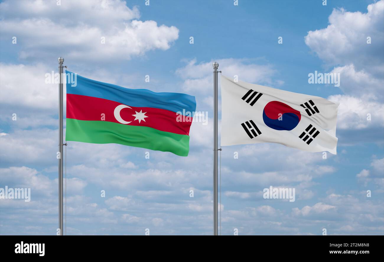 South Korea or Republic of Korea or ROK and Azerbaijan flags waving ...